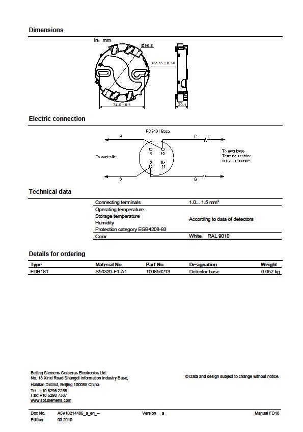 Addressable Detector Base for FDO181 and FDT181 รุ่น FDB181C ยี่ห้อ Siemens