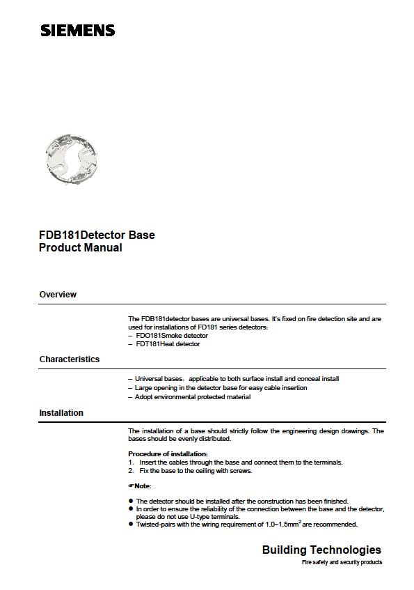 Addressable Detector Base for FDO181 and FDT181 รุ่น FDB181C ยี่ห้อ Siemens